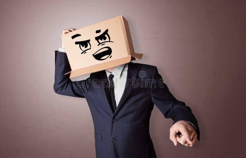 Man with cardboard head stock photo. Image of expression - 151993452