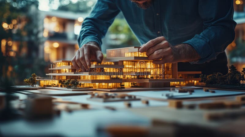 Man Carefully Adjusts Model of Modern Building, Showcasing Intricate ...