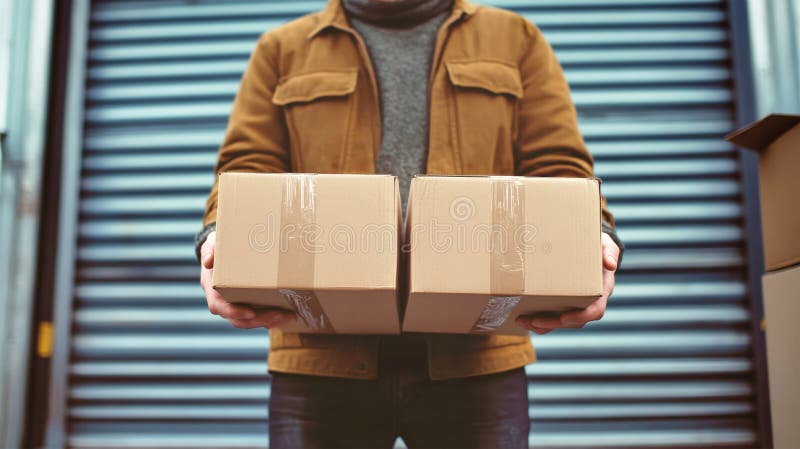 A Man is Carefully Setting Down Multiple Cardboard Boxes Outside a ...