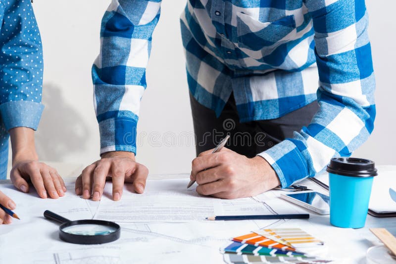 Man Carefully Studying Technical Drawing Stock Photo - Image of ...