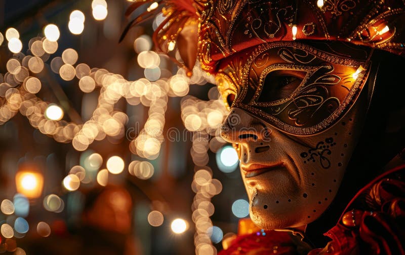 Man in a Carnival Mask Blending into the Night with Twinkling Lights in ...