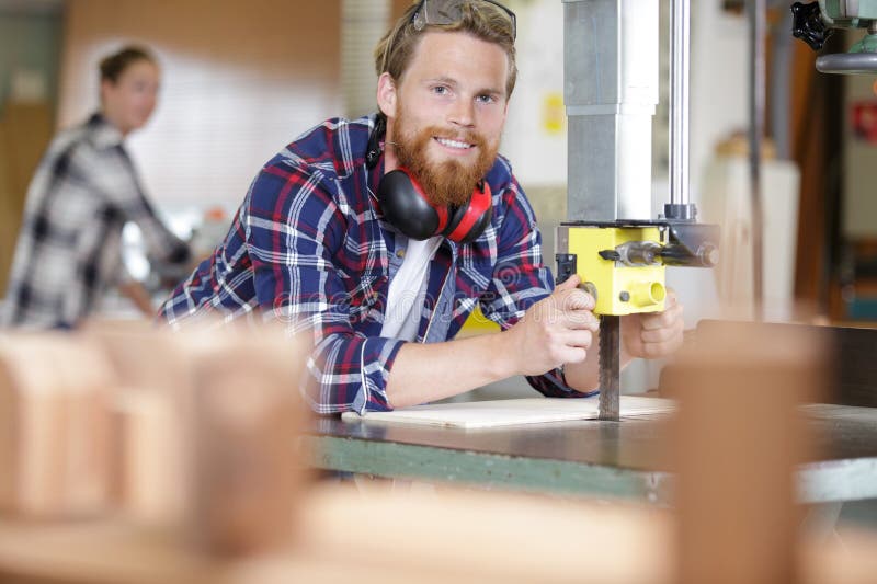 Man Carpenter Processes Edges Wooden Product Stock Photo - Image of ...