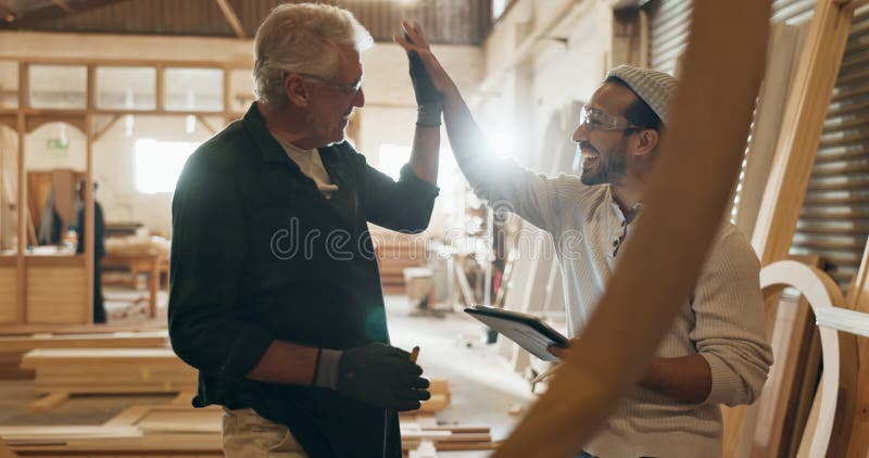 Man, Carpenter and Workshop with Team High Five, Good Job and Artisan ...