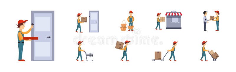 Man Carrier in Red Cap Working in Delivery Service Vector Set Stock ...
