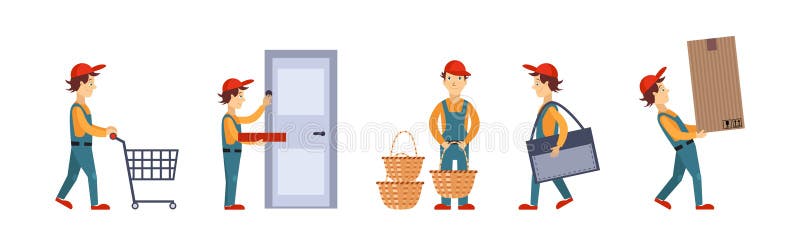 Man Carrier in Red Cap Working in Delivery Service Vector Set Stock ...