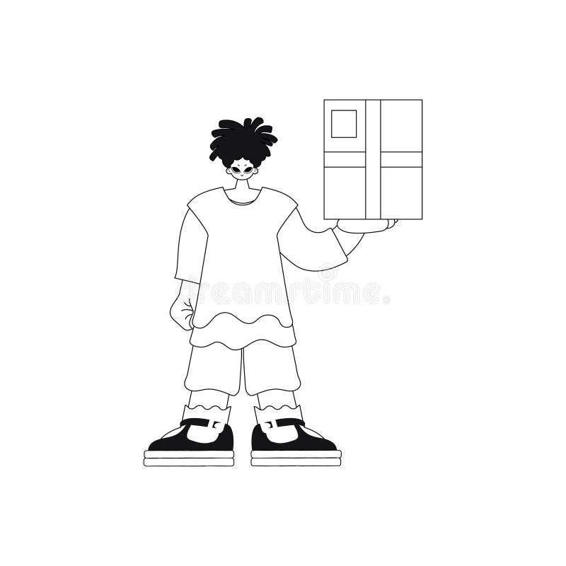 Man Carries Box in Hands. Parcel Shipping. Line Art. Vector Image ...