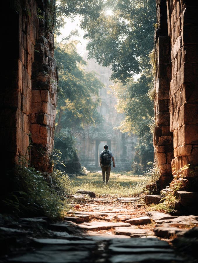 Man with Backpack Enters Ancient Temple Gate Surrounded by Lush ...
