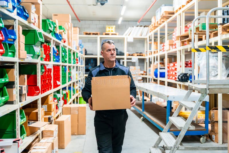 Man Carrying a Box Doing Inventory in a Room Storage Stock Image ...