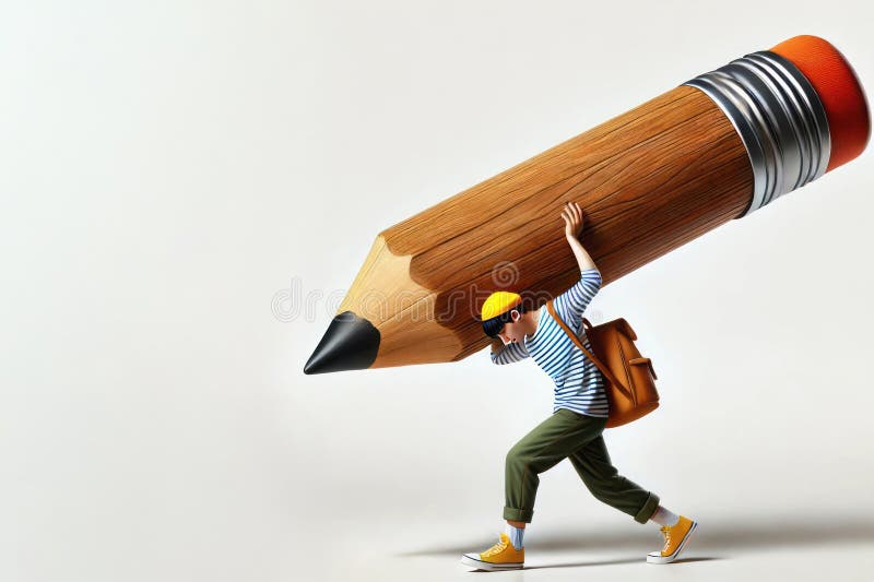 A Man Carrying a Giant Pencil on His Shoulder. Space for Text. Stock ...
