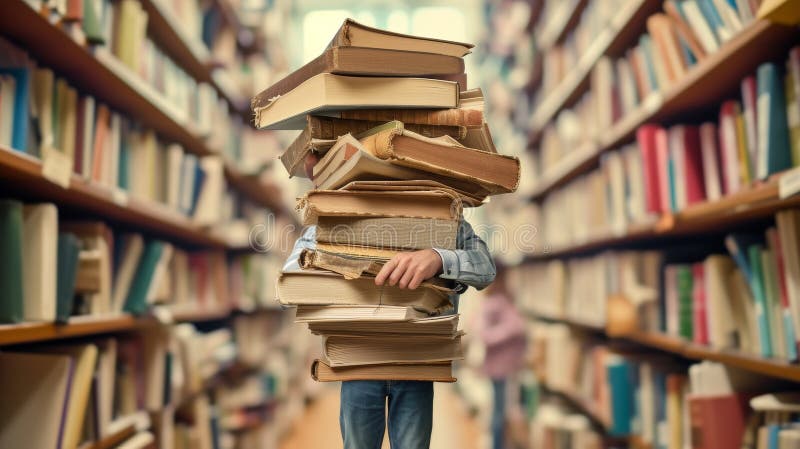 Man Carrying Large Stack of Books in Library Stock Photo - Image of ...
