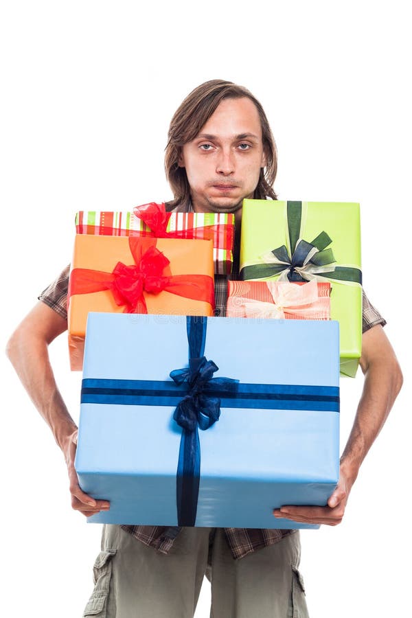 Man carrying many gifts stock photo. Image of funny, isolated - 30970818
