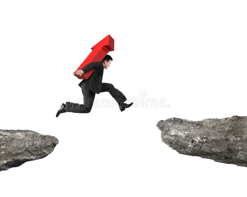 Man Carrying Red Arrow Sign Jumping Over Two Cliffs Stock Image - Image ...