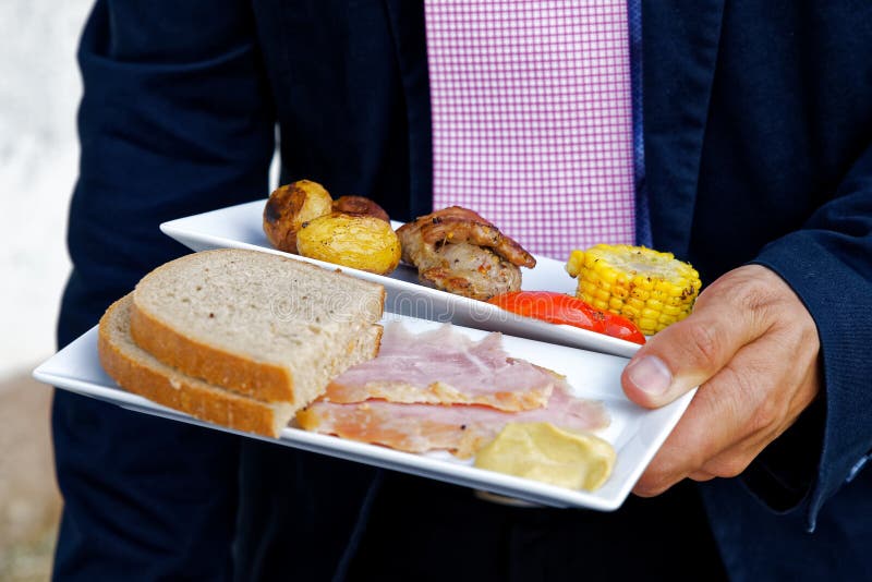 Man Carrying White Ceramic Plates with Grilled Vegetables, Bread Stock ...