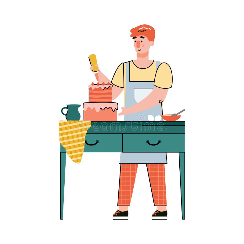 Man Cartoon Character Baking and Decorating a Cake Vector Illustration ...
