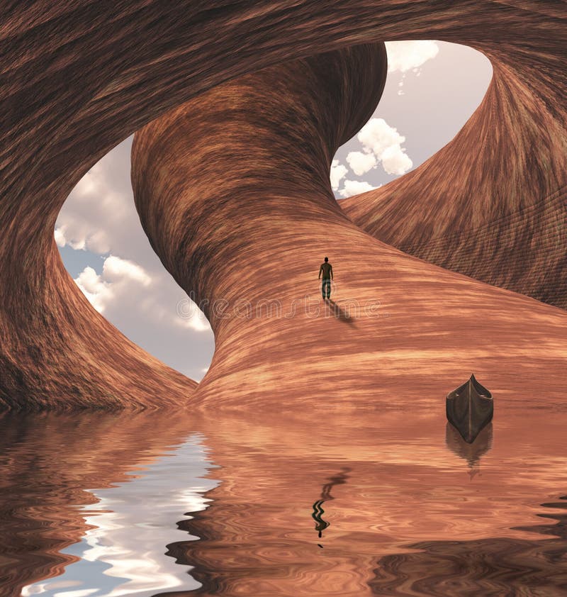 Man in carved canyon rock stock illustration. Illustration of cave ...