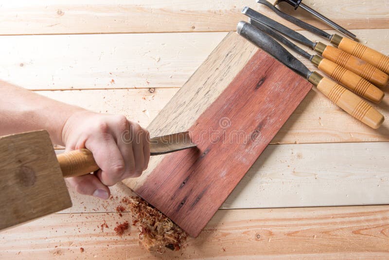 Man Carving Wood with Handtools Stock Image - Image of timber ...