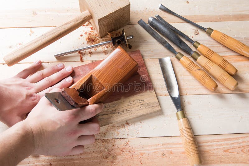 Man Carving Wood with Handtools Stock Photo - Image of plank ...