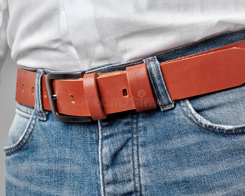 Man in Casual Attire with Custom Embossed Terracotta Leather Belt Stock ...