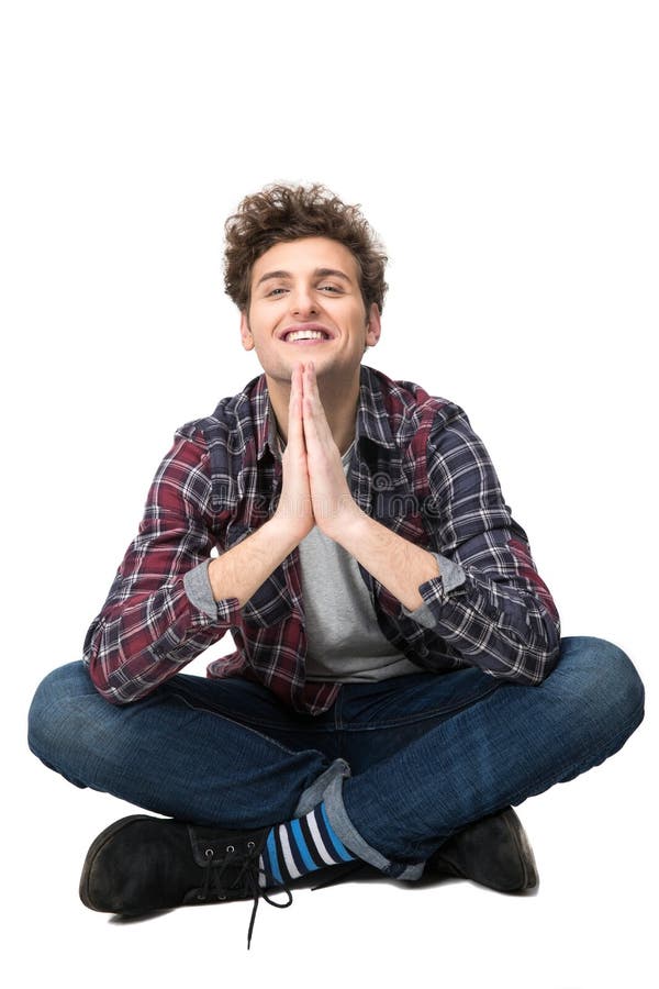 Man with Casual Cloth Sitting on the Floor Stock Image - Image of hair ...
