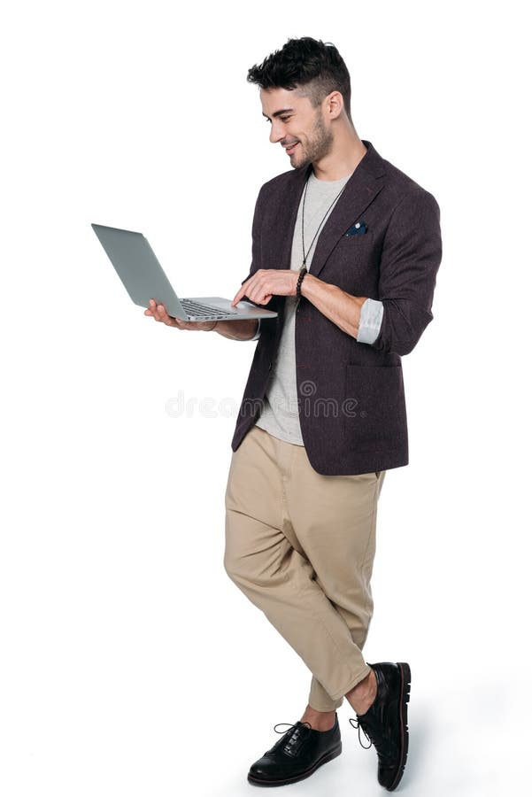 Man in Casual Clothes Typing Laptop Isolated on White Stock Photo ...