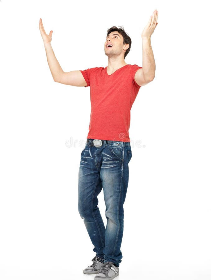 Man with in Casuals with Raised Hands Up Isolated Stock Image - Image ...