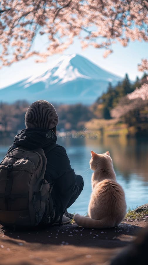 Man and Cat Enjoy Serene View of Mount Fuji Framed by Cherry Blossoms ...