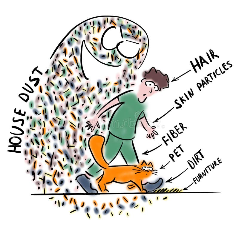 Man, cat and house dust stock illustration. Illustration of skin ...
