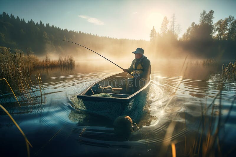 Man Catch Fish from a Boat on the Lake. Generative Ai. Stock ...