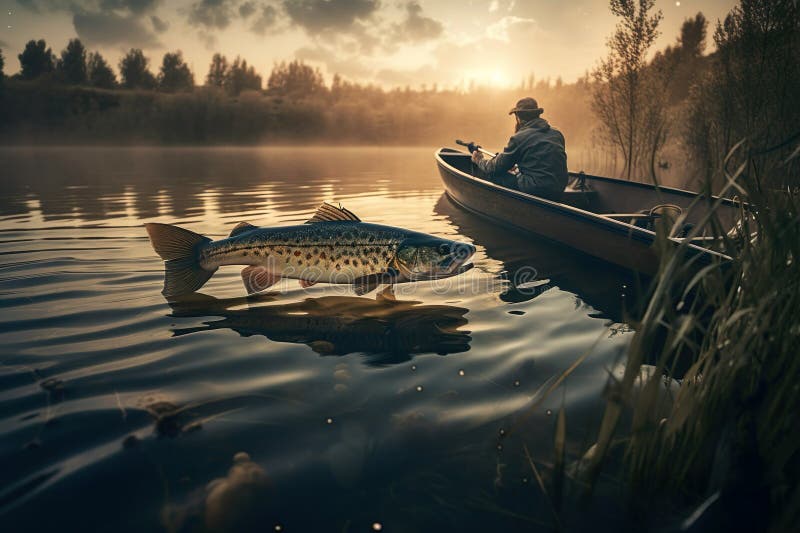 Man Catch Fish from a Boat on the Lake. Generative Ai. Stock ...