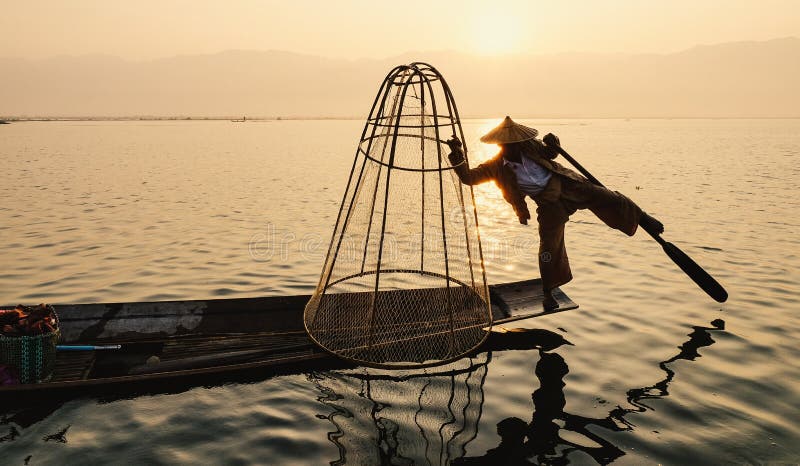 Man Catching Fish on Inle Lake Shan State Editorial Stock Image - Image ...