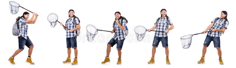 The Man with Catching Net Isolated on White Stock Image - Image of hand ...