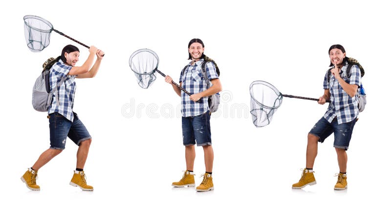 The Man with Catching Net Isolated on White Stock Image - Image of ...