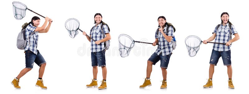The Man with Catching Net Isolated on White Stock Photo - Image of ...