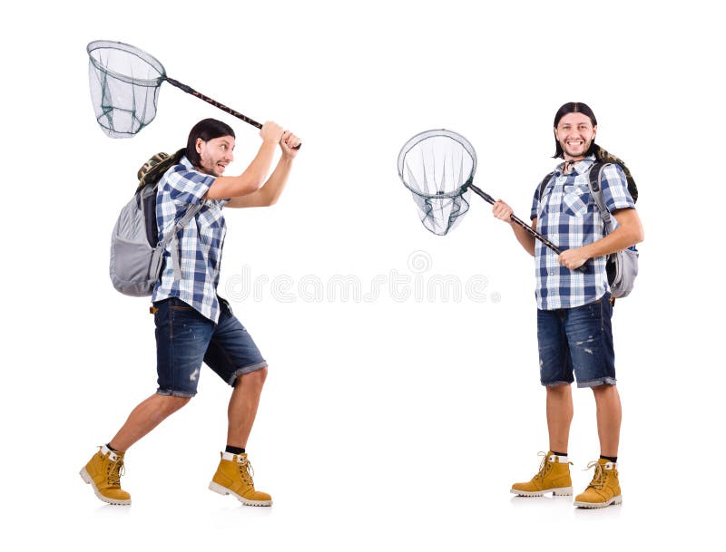 The Man with Catching Net Isolated on White Stock Image - Image of ...