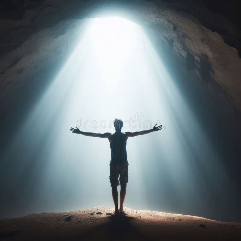 A Man in a Cave, Illuminated by the Light from Above. Stock Photo ...