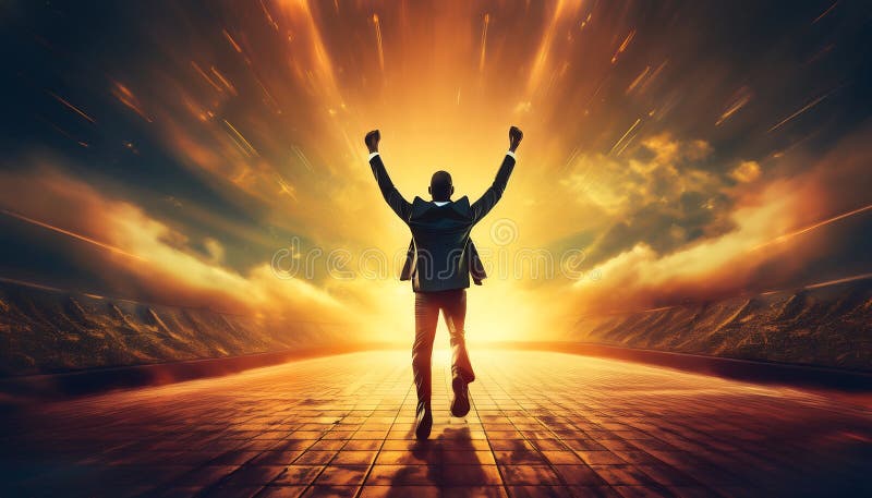 Man Celebrating Success, Running Towards Bright Future Stock ...