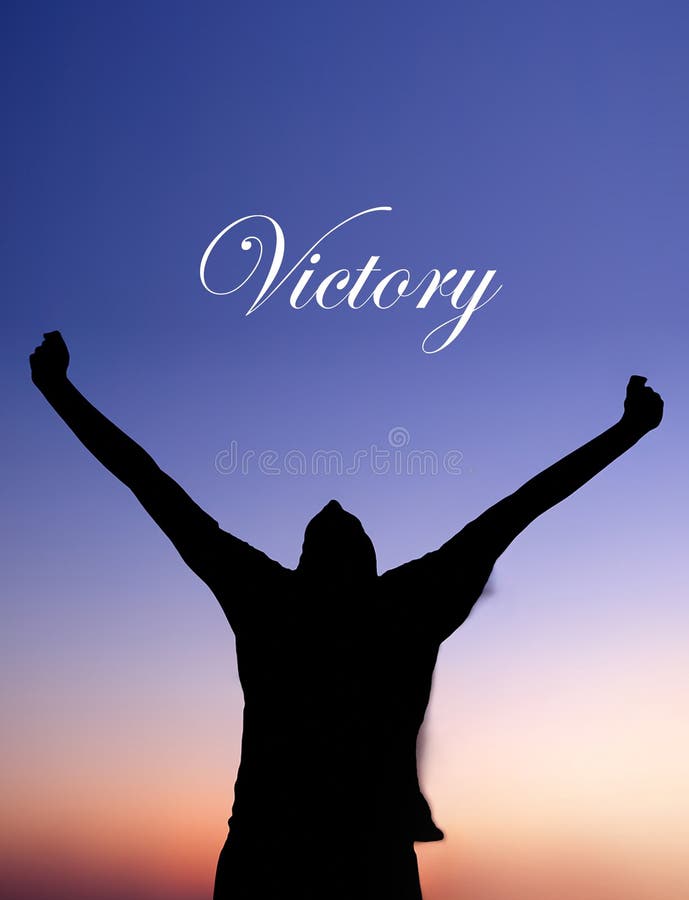 Man Celebrating at Sunset with Victory Text Stock Image - Image of ...
