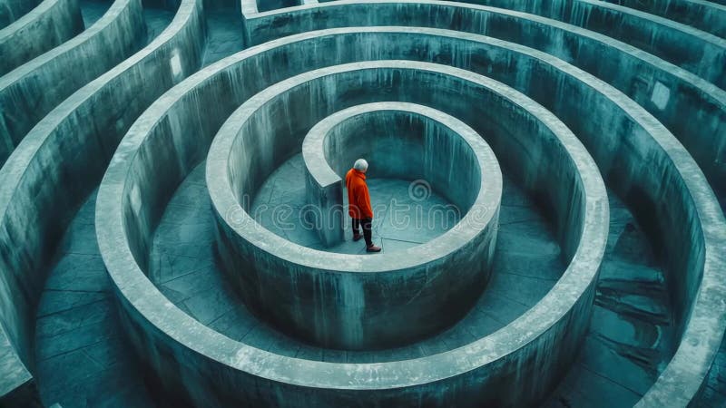 Man is in Center of Round Labyrinth Alone, Person Solution is ...