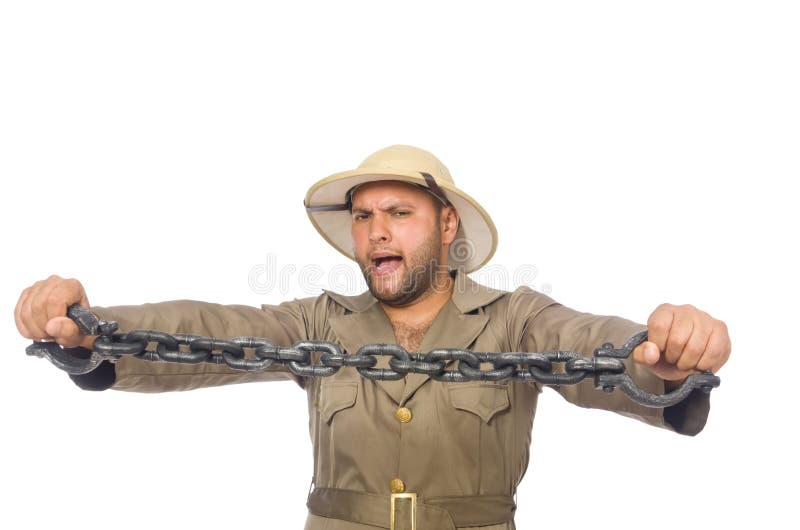 The Man with Chain Isolated on White Stock Photo - Image of game, hiker ...