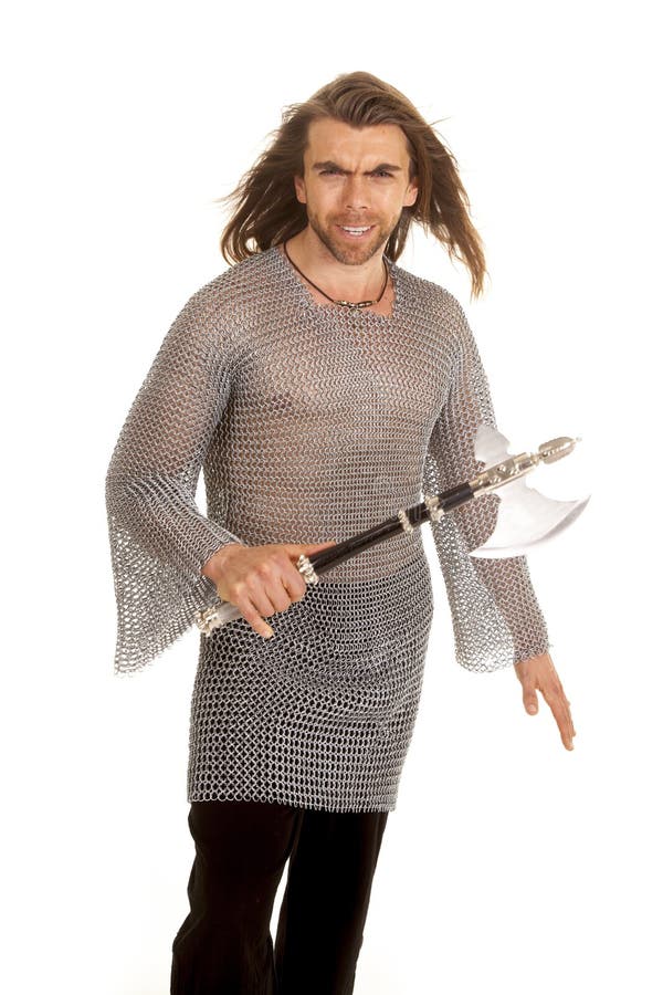 Man Chain Mail Axe Hold in Front Stock Photo - Image of history, iron ...