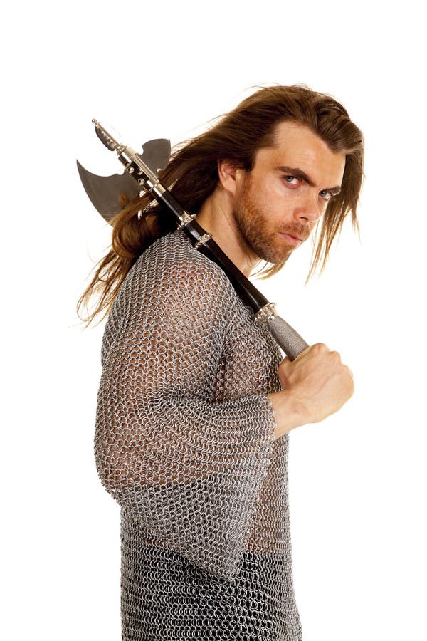 Man Chain Mail Axe Over Shoulder Side Stock Image - Image of historic ...