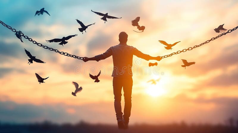 Man on Chains, Freedom, Birds Flying, Sunset Sky Stock Image - Image of ...