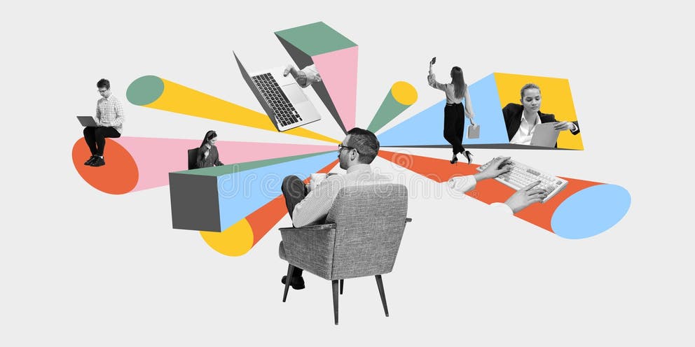 Man in Chair Observing Abstract Task Flow and Remote Employees in Work ...