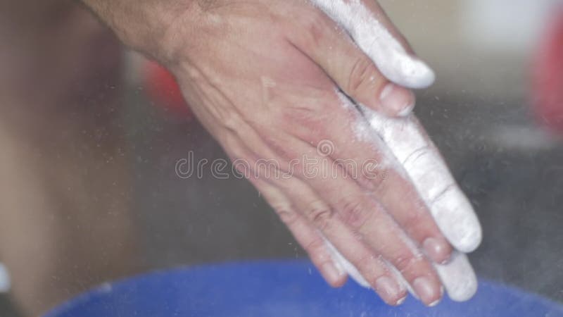 Man Chalking Hands before Workout. Slow Motion Stock Footage - Video of ...