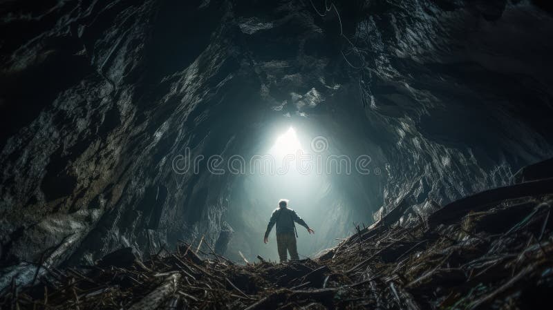 Man Challenging Fear of Exploring a Cave. Stock Illustration ...