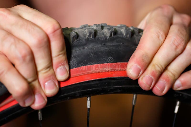 A Man Changes the Camera on a Bicycle Wheel. Spike Bike Chamber Stock Photo - Image of biker ...
