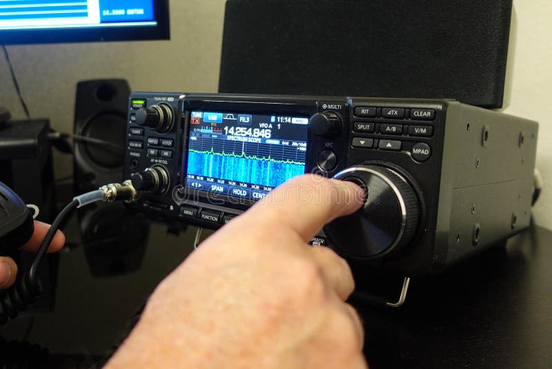 Man Changing Frequency on Modern Radio Transceiver Stock Photo - Image ...