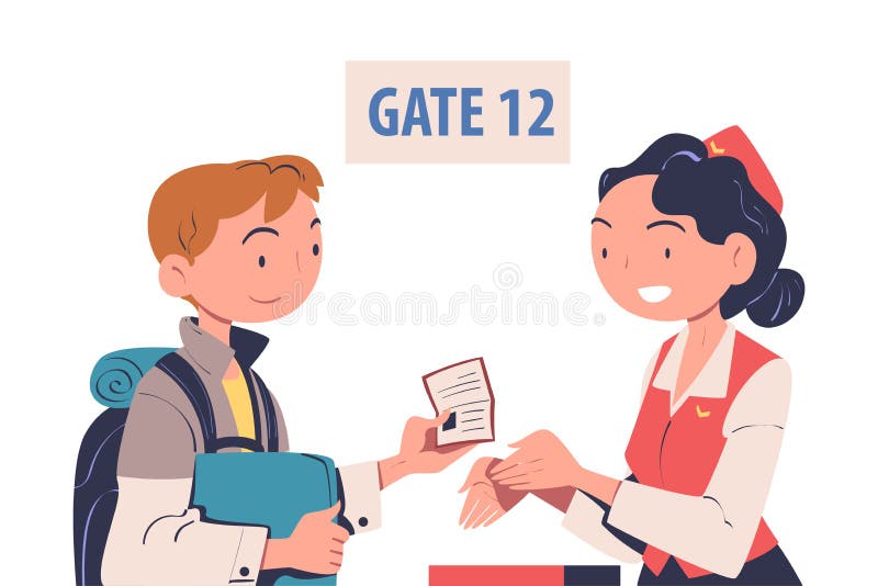 Man Character at the Airport Gate with Backpack and Passport Boarding ... Man Character at the Airport Gate with Backpack and Passport Boarding ...