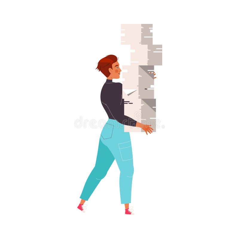 Man Character Carrying Huge Stack of Paper Working with Text Vector ...