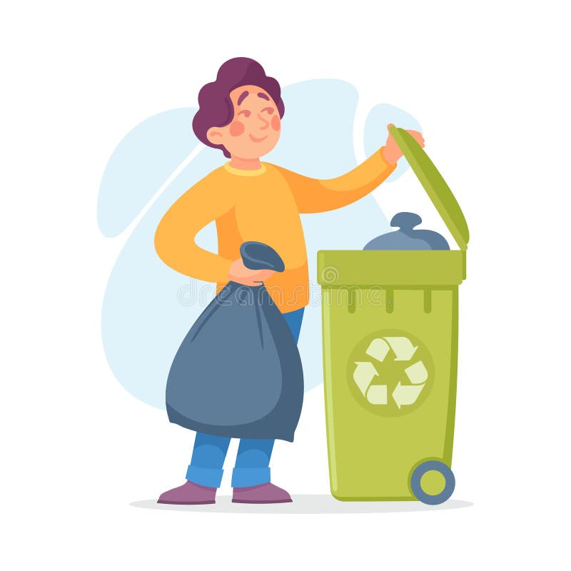 Man Character Doing Housework Throwing Garbage in Dustbin Vector ...